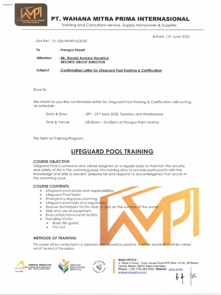 Confirmation Letter Lifeguard Training_Nongsa Resort | PDF