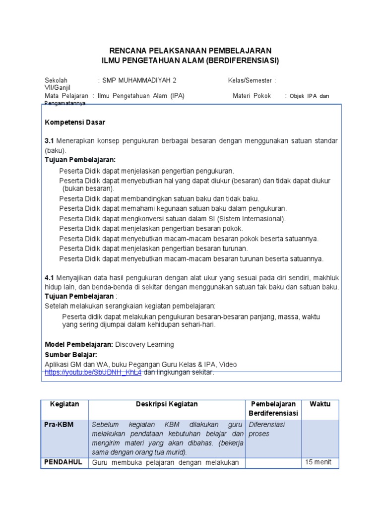RPP Kelas 7 KD 3.1 Pengukuran | PDF