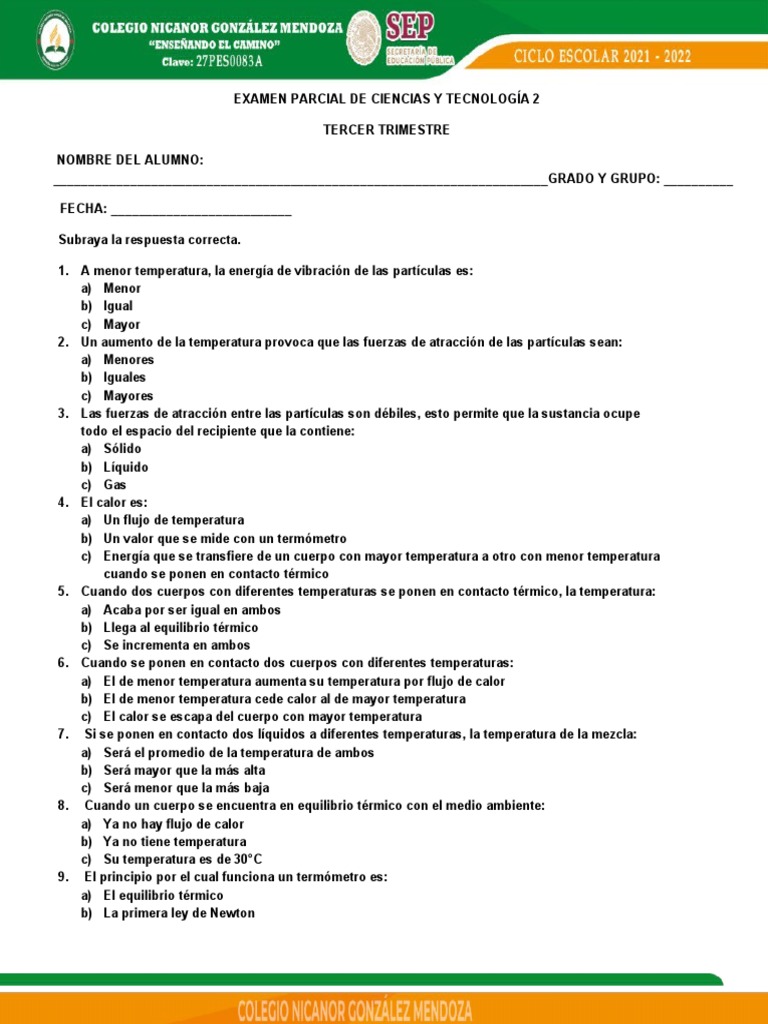 Examen de Física 2° Grado | PDF | Calor | Temperatura