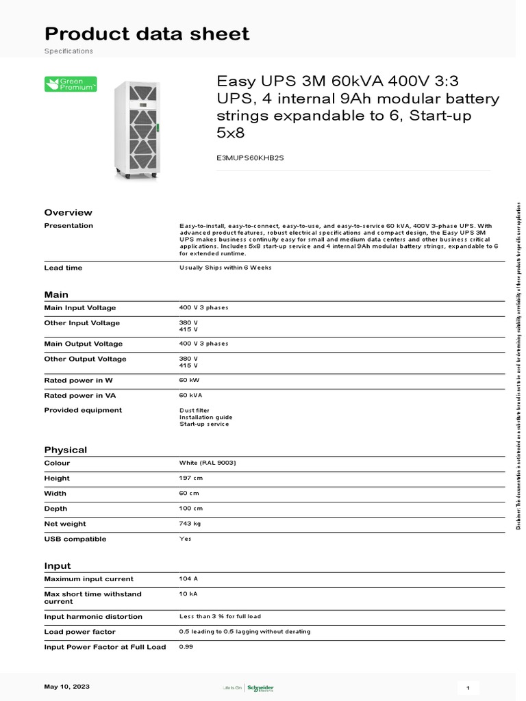 Easy UPS 3M 60kVA Specifications | PDF | Computer Engineering ...