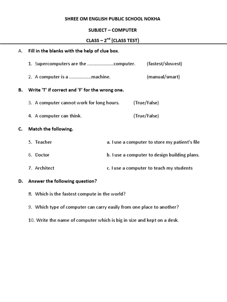 Computer Class Test - CLASS - 2ND | PDF | Teaching Methods & Materials ...