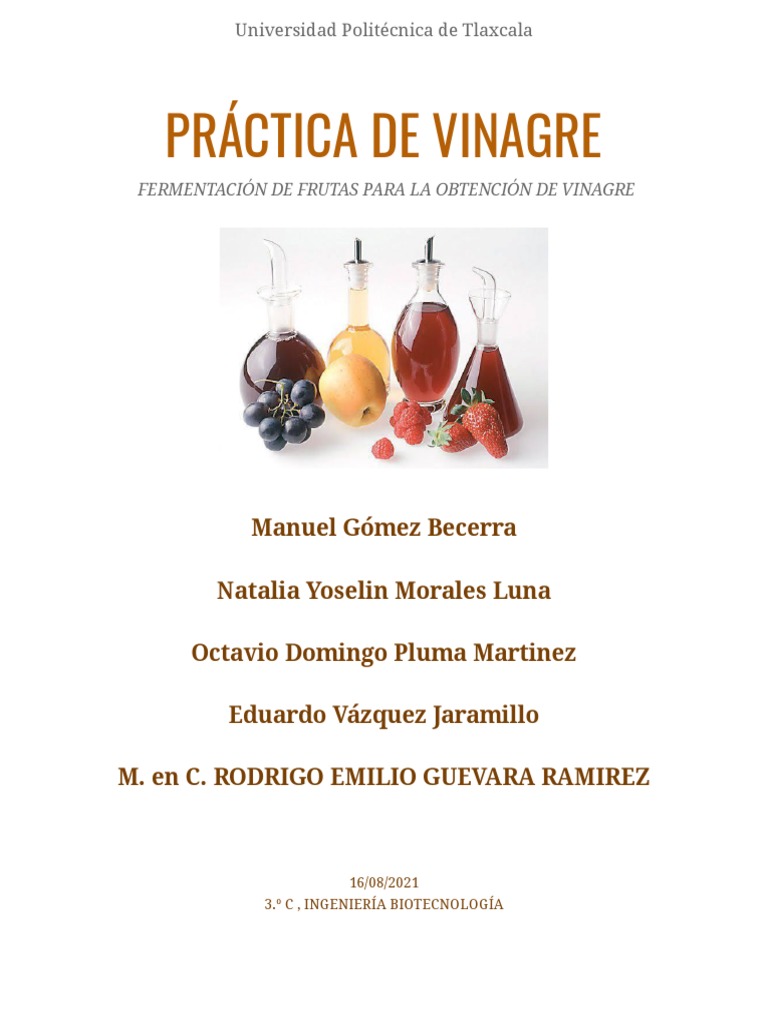 Práctica Vinagre 3c | PDF | Fermentación | Ácido acético