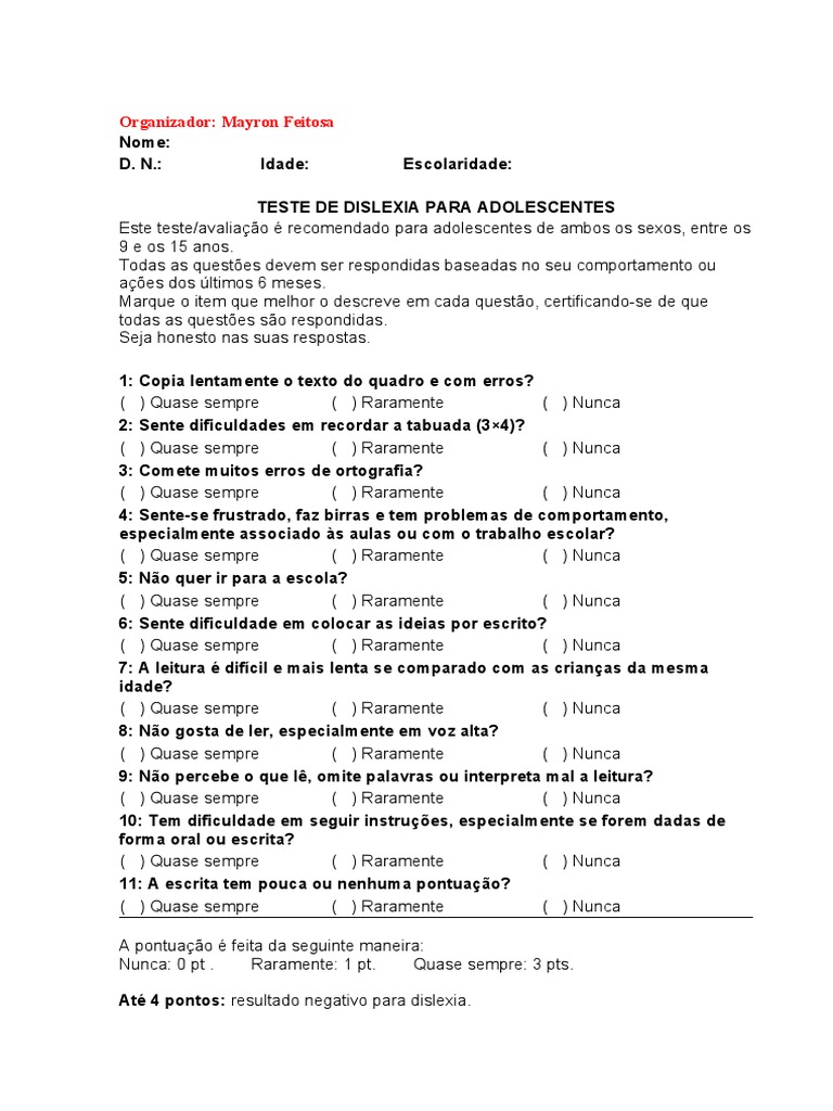 7-teste-de-dislexia-para-adolescentes | PDF | Adolescência | Aprendizado