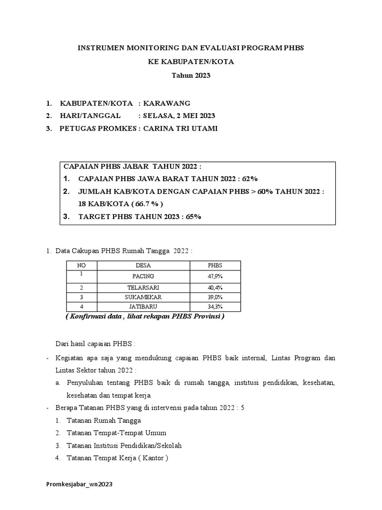 Instrumen Monev PHBS Maret 2023 | PDF