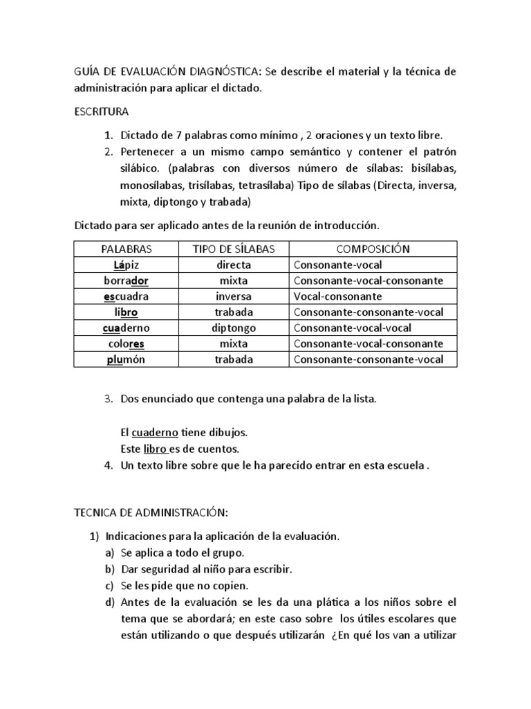 Dictado Diagnóstico para Primer Grado | PDF | Sílaba | Lingüística
