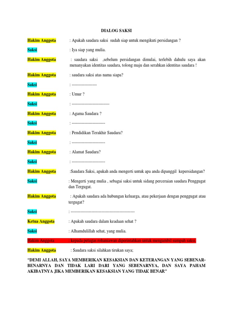 Dialog Saksi Penggugat & Tergugat | PDF