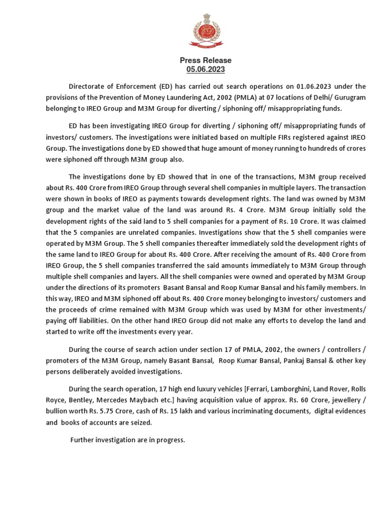 Press Release - Ireo Group, m3m Group & Others - Gnzo - 05.06.2023 | PDF | Business | Money