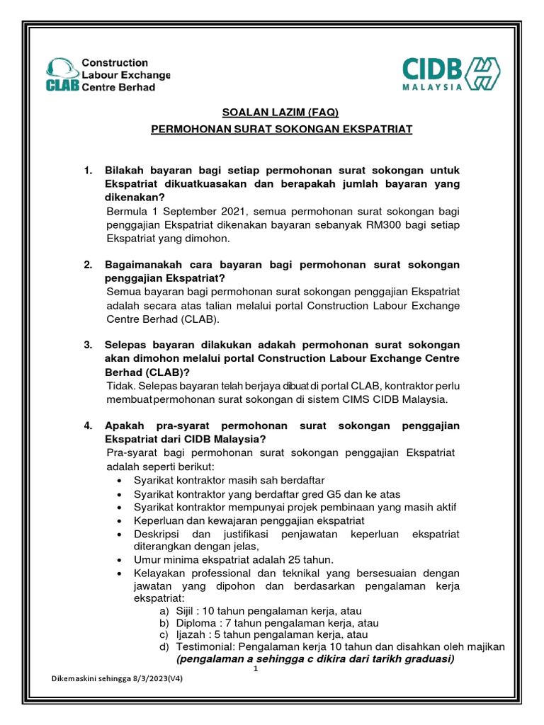 SOALAN LAZIM (FAQ) CLAB - Permohonan Surat Sokongan Penggajian Ekspatriat (V4) | PDF