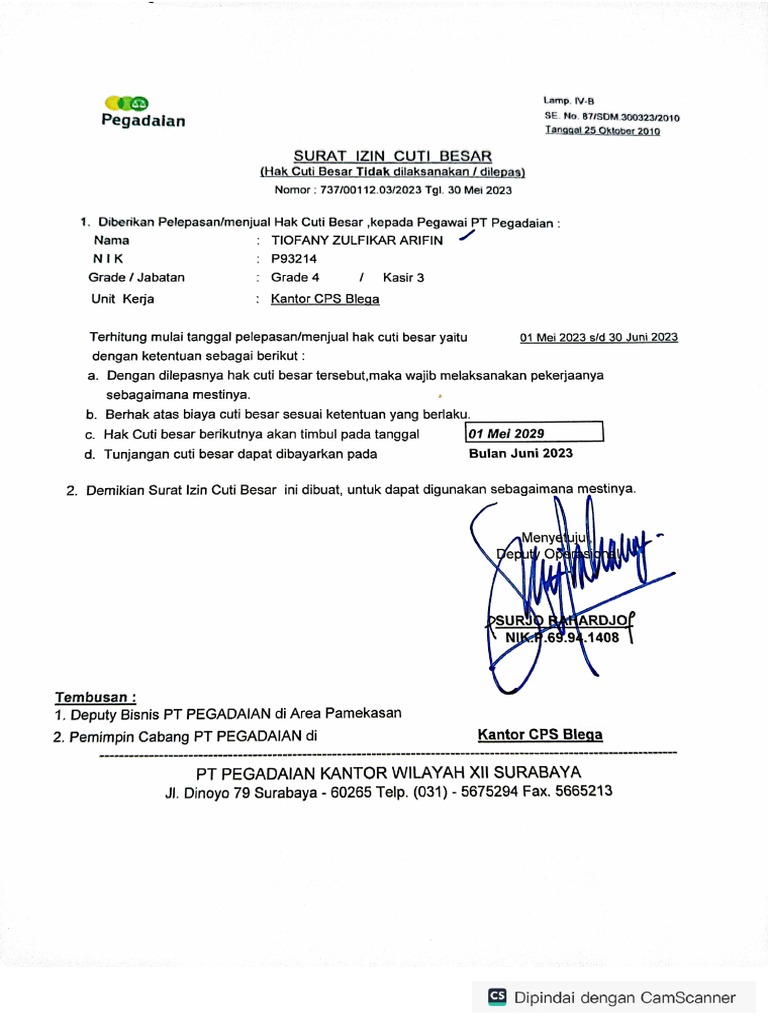 Surat Izin Cuti Besar & Pembayaran Tunjangan Cuti Besar A.N Tiofany ...