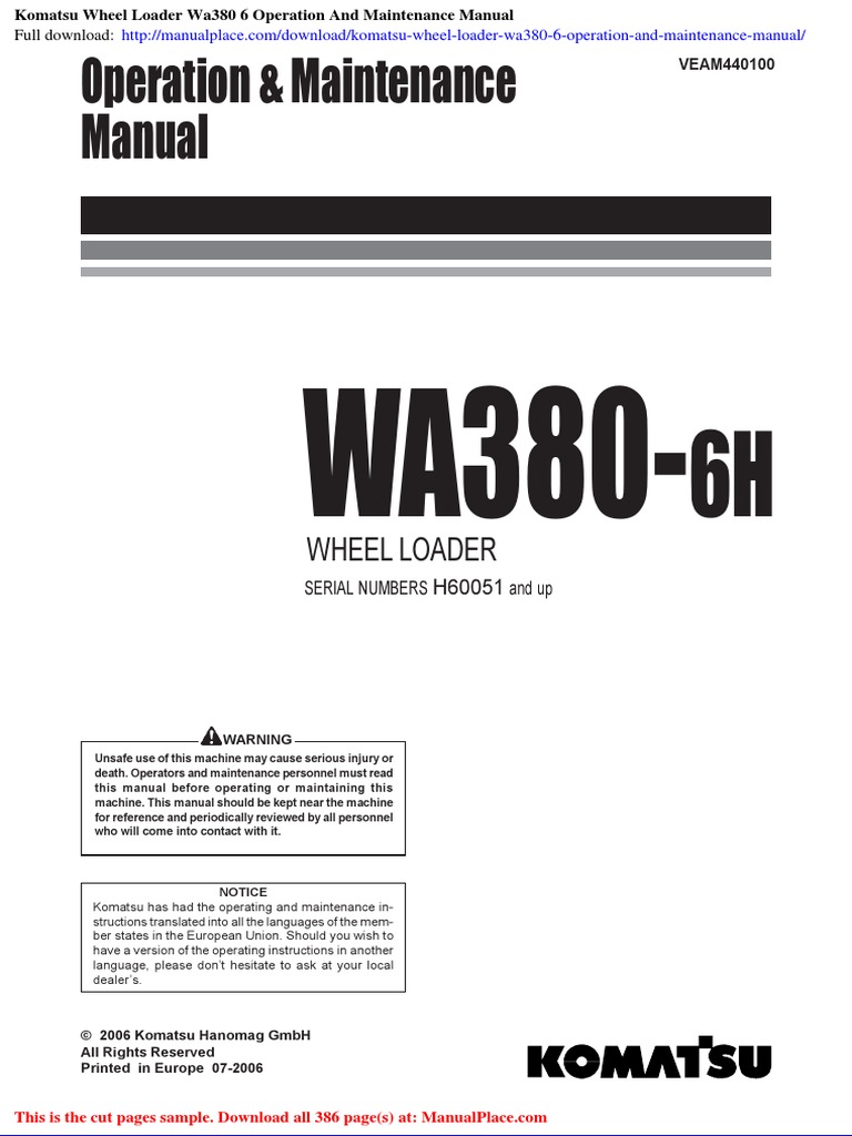 Komatsu Wheel Loader Wa380 6 Operation and Maintenance Manual | PDF ...