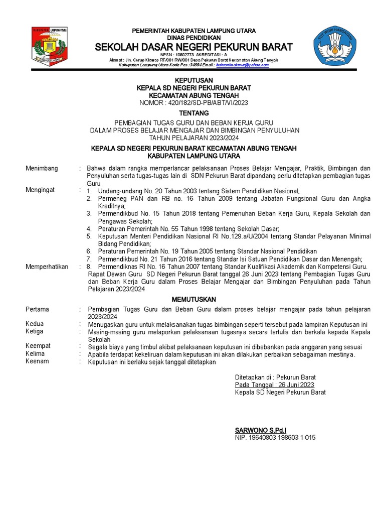 SK Tugas Guru 2023-2024 | PDF