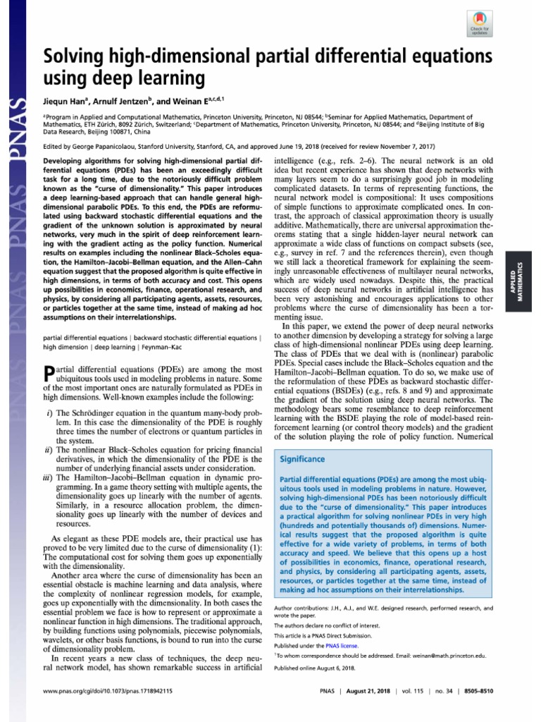 Solving high-dimensional partial differential equations using deep learning | PDF