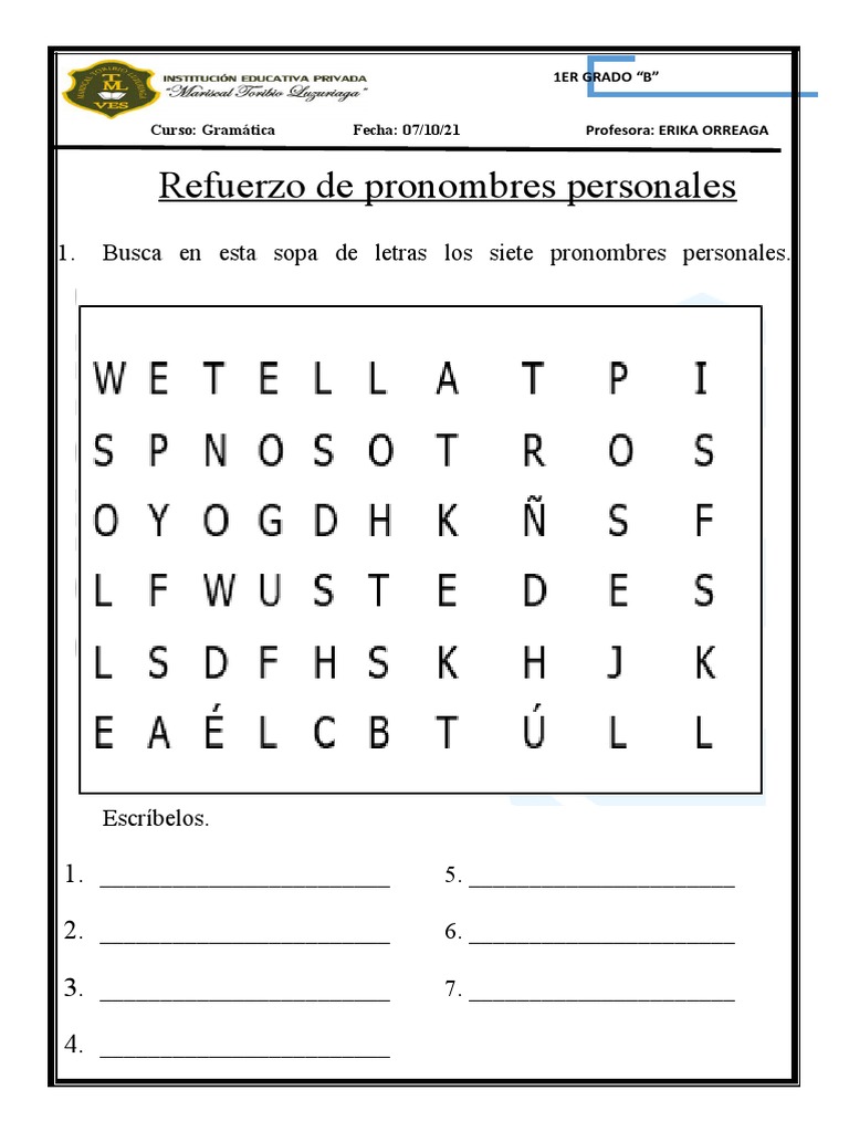 Ejercicios de pronombres personales | PDF | Artes del Lenguaje y ...