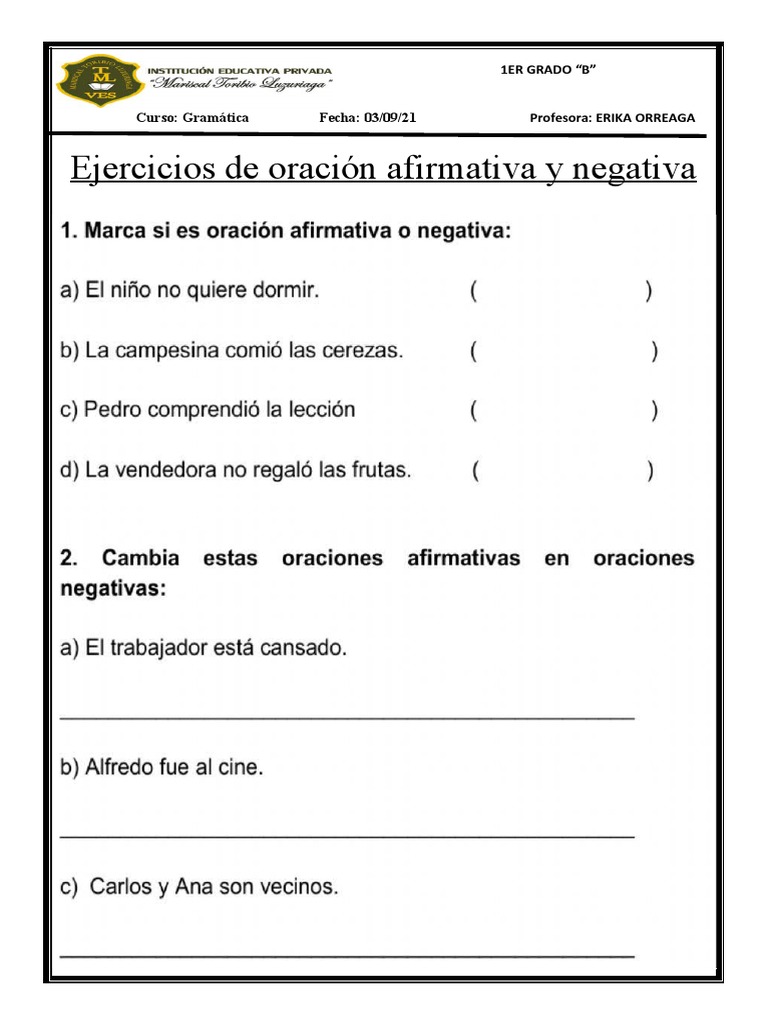 Ejercicios de Oraciones Afirmativas - Negativas | PDF | Crecimiento ...