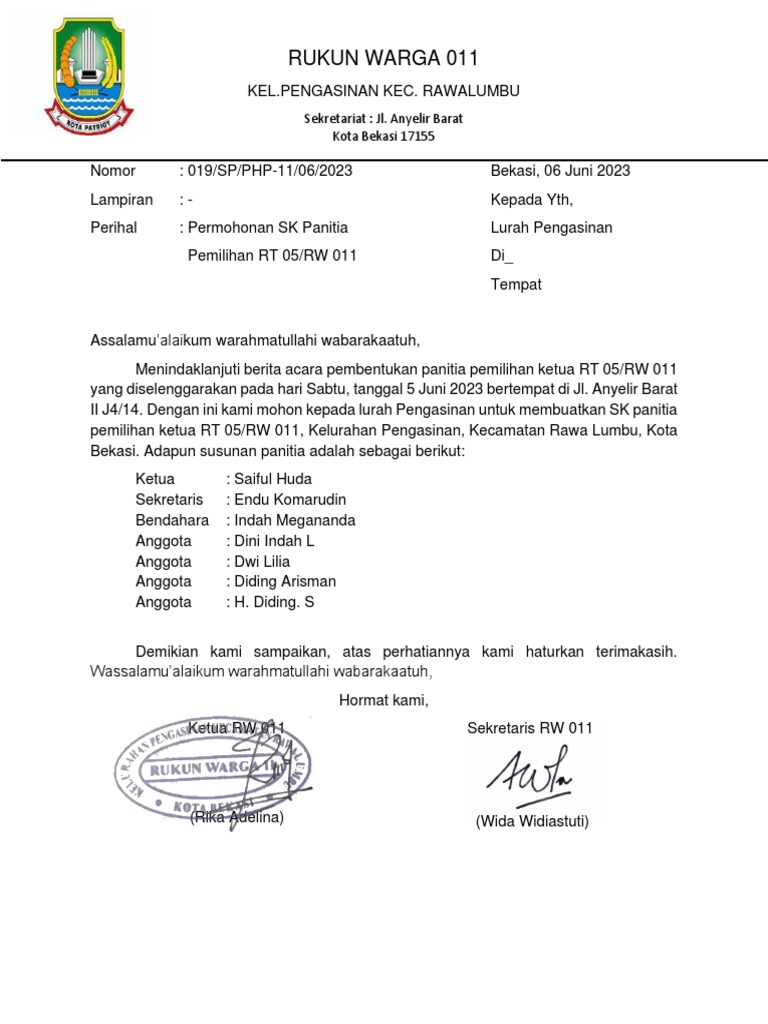 Permohonan SK Panitia Pemilihan RT | PDF