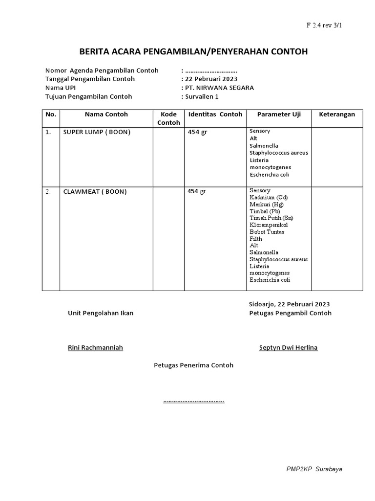 8. F. 2.4 BA Pengambilan Contoh | PDF