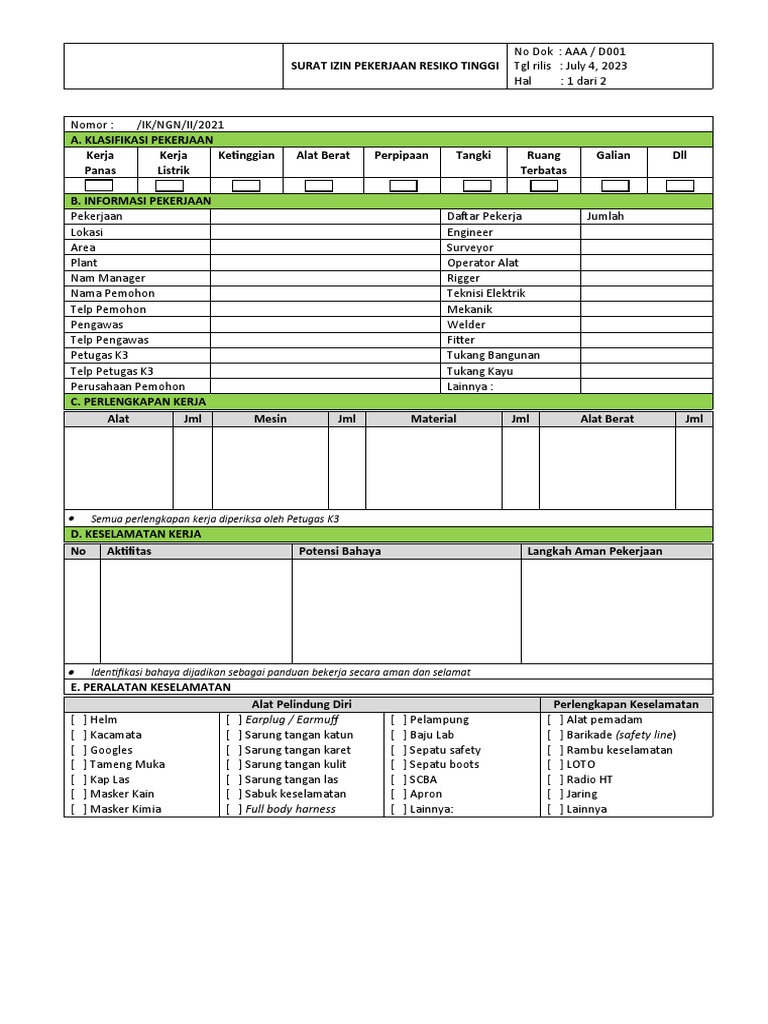 Form Work Permit - JSA, Work Permit, Inspeksi | PDF