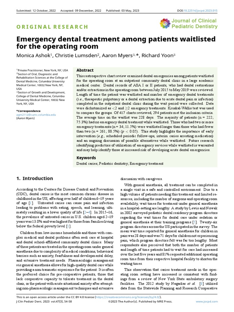 Emergency Dental Treatment Among Patients Waitlisted For The Operating ...
