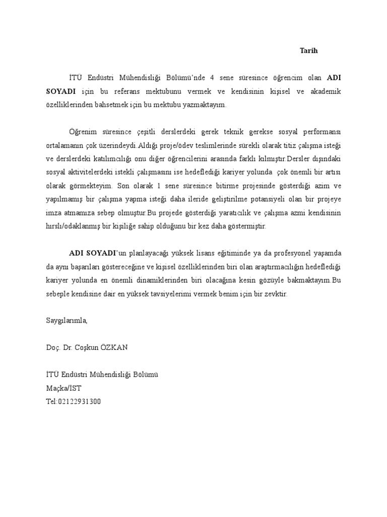 Türkçe Referans Mektubu Örneği | PDF