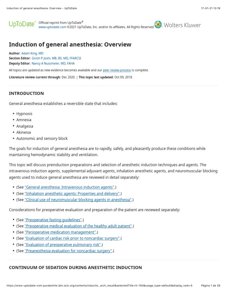 4. Induction of general anesthesia Overview - UpToDate (1) | PDF ...