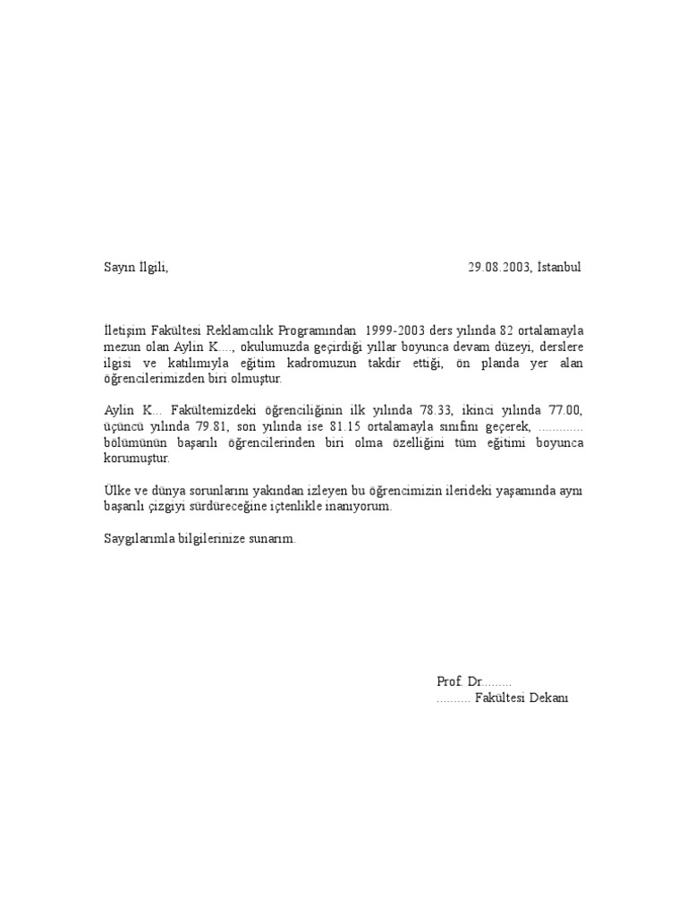 Türkçe Referans Mektubu Örneği IV | PDF