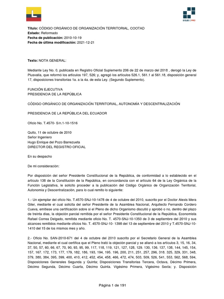 Descentr-Codigo Organico de Organizacion Territorial Cootad | Descargar ...