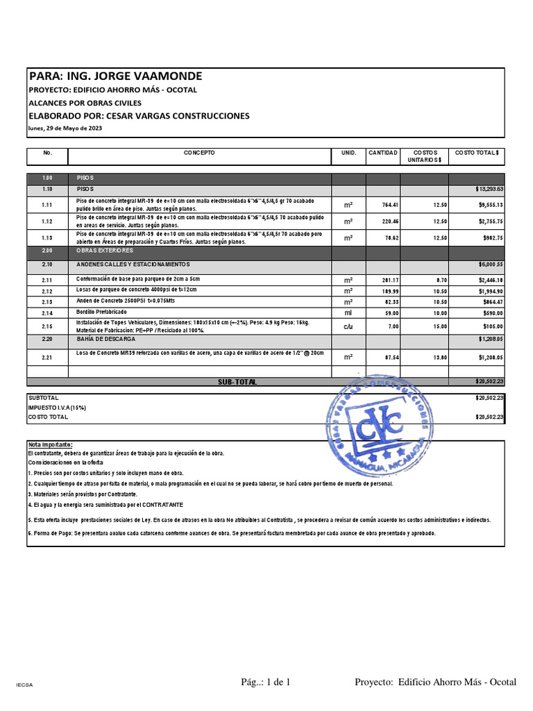 Cotizacion Edificio Ahorro Mas Ocotal | PDF