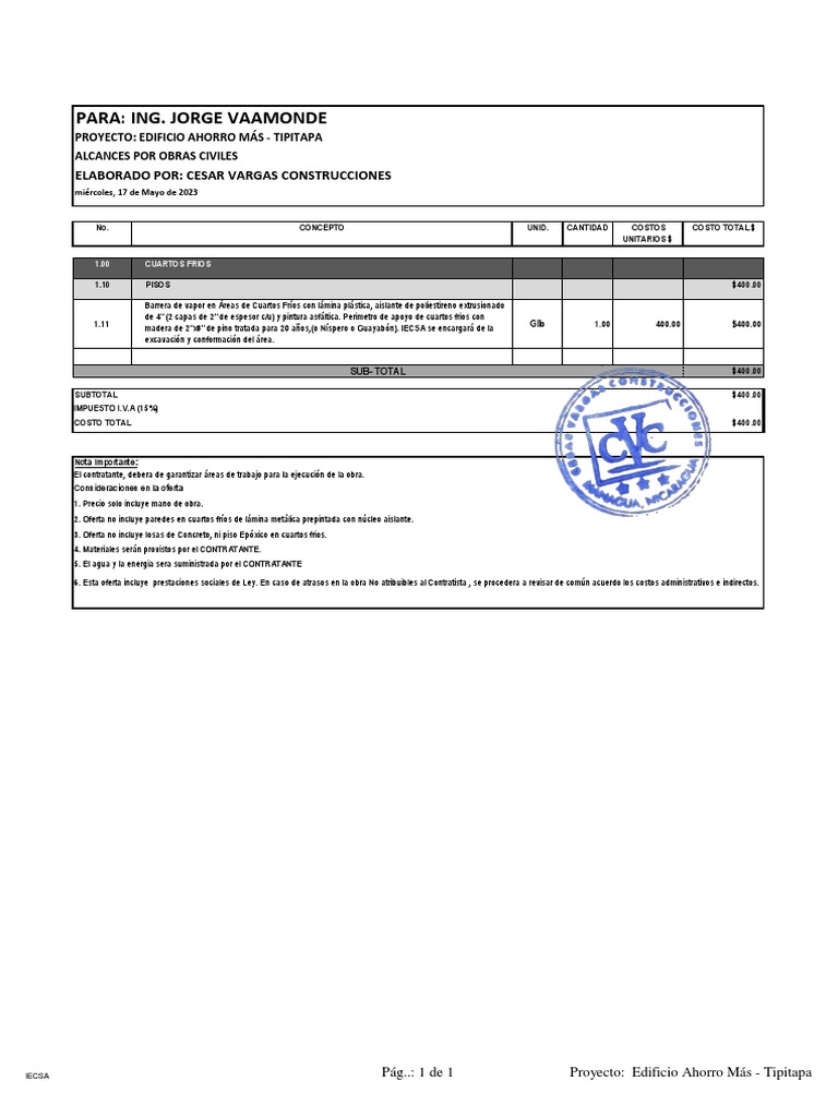 Cotizacion Barrera de Vapor en Cuartos Frios Edificio Ahorro Mas Tipitapa | PDF | Materiales