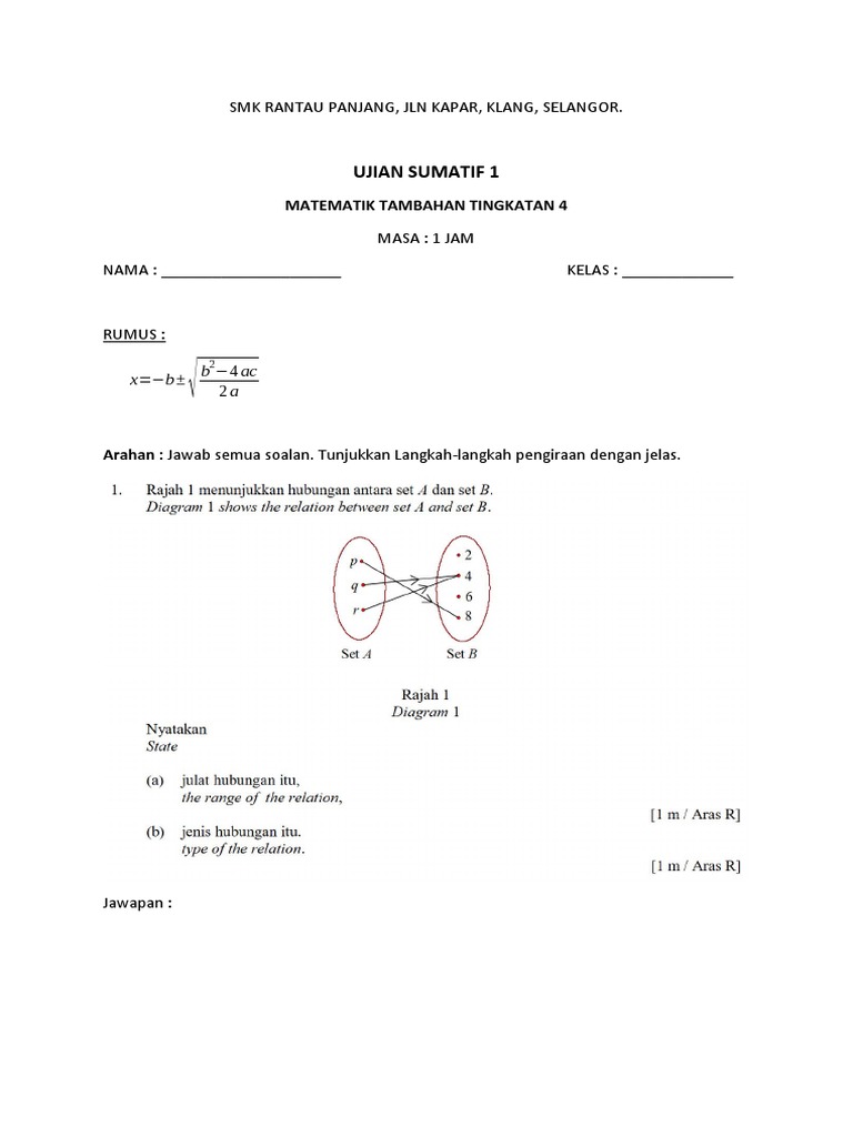 Ujian Sumatif 1 Add Math T4 2023 | PDF