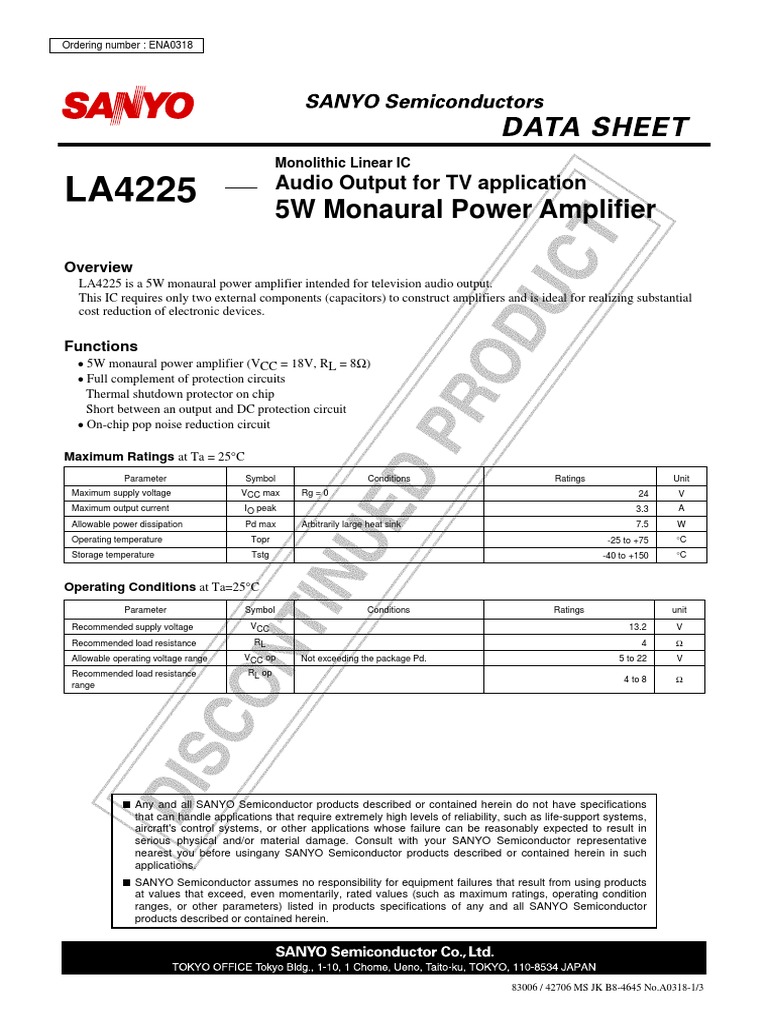 LA4225 | PDF | Amplifier | Integrated Circuit