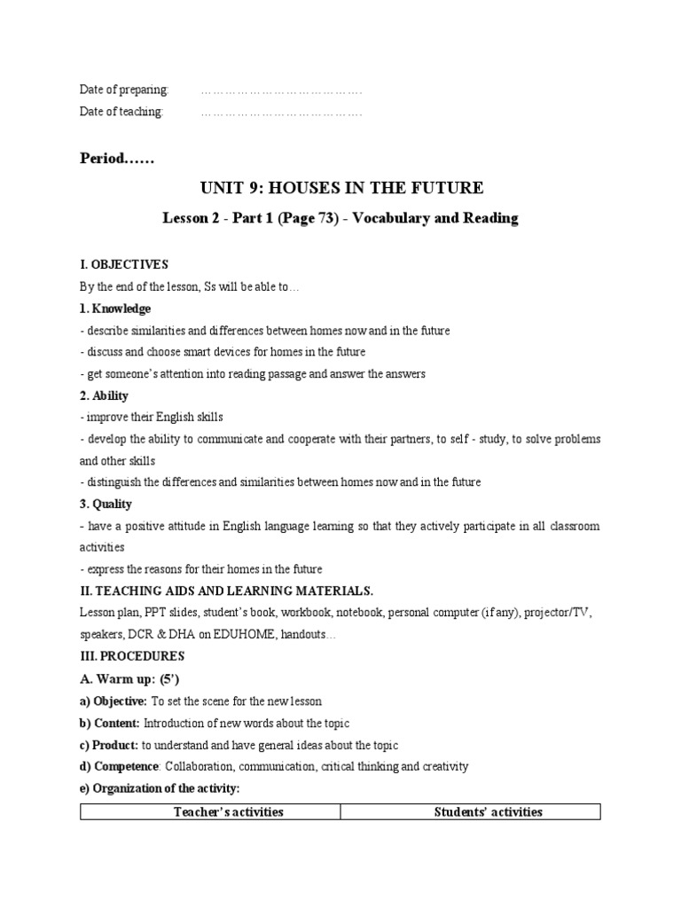 UNIT 9 - LESSON 2 - PART 1 - Vocabulary and Reading | PDF ...