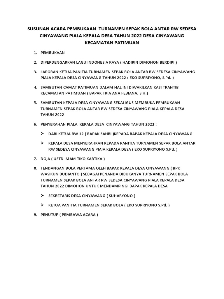 Susunan Acara Pembukaan Turnamen Sepak Bola Antar RW Sedesa Cinyawang Piala Kepala Desa Tahun ...