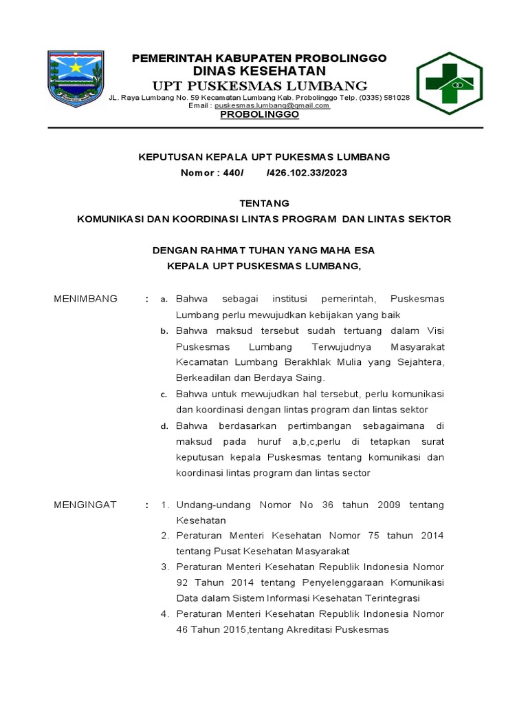 SK Media Komunikasi Dan Koordinasi Di Puskesmas 2023 | PDF