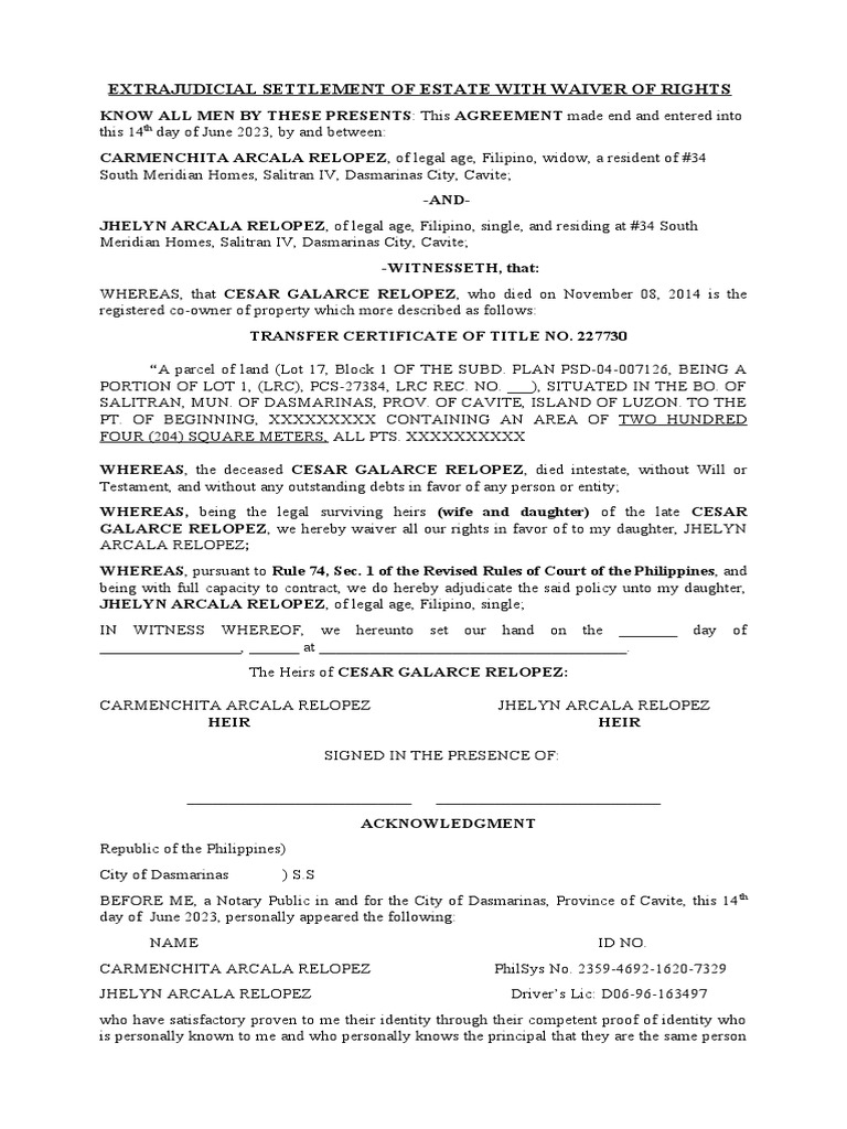 Extrajudicial Estate Settlement Agreement | PDF | Natural Resources Law | Document