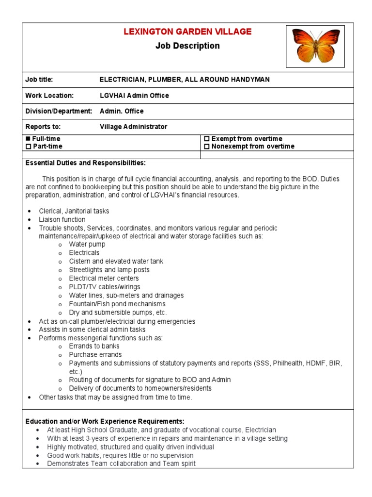 Job Description Template - Electrician, Plumber, All Around | PDF ...