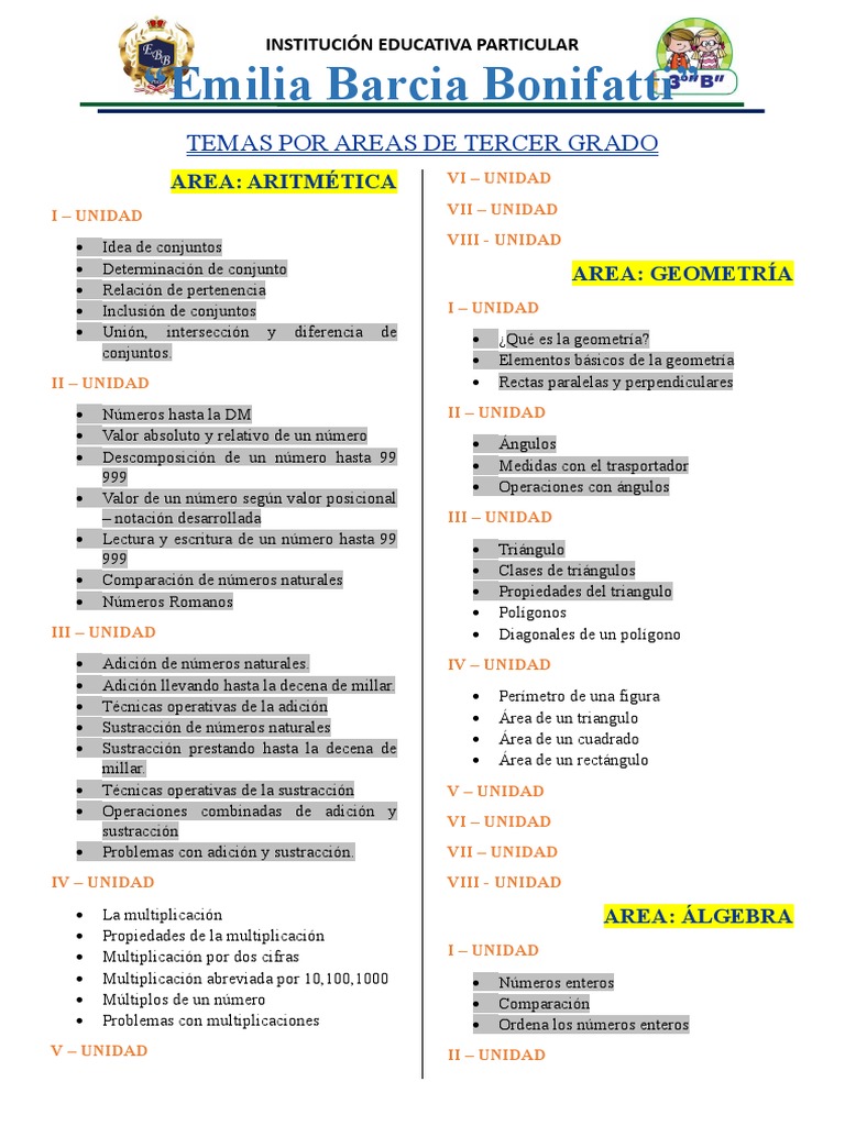 Temas Por Areas de Tercer Grado | PDF | Triángulo | Sustracción
