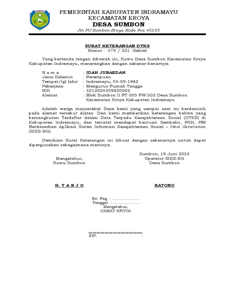 Keterangan DTKS | PDF