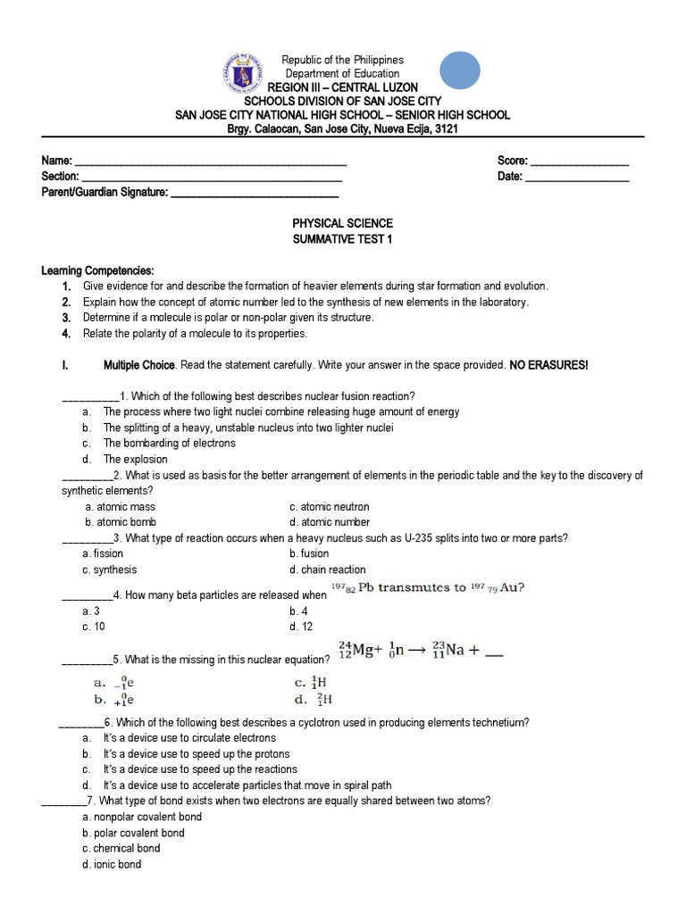 Physical Science Summative Test 1 | PDF | Chemical Elements | Atoms