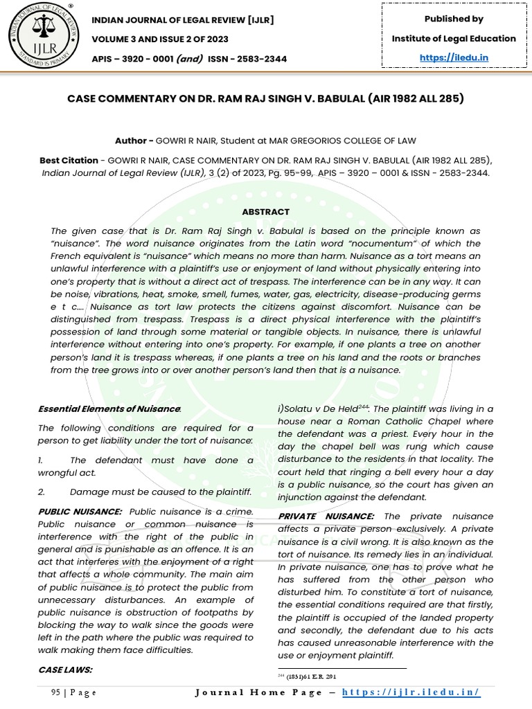 Case Commentary On Dr. Ram Raj Singh v. Babulal (Air 1982 All 285) | PDF | Nuisance | Tort