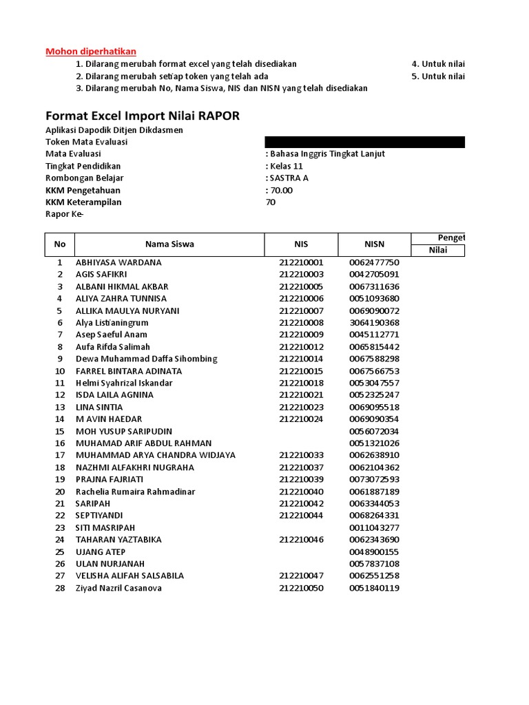 Format Excel Nilai Rapor Kelas 11 | PDF