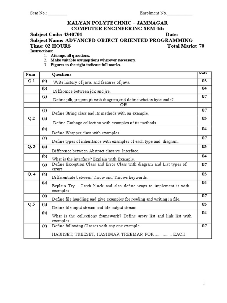 Aoop Examcollege Paper | PDF | Java (Programming Language) | Class (Computer Programming)