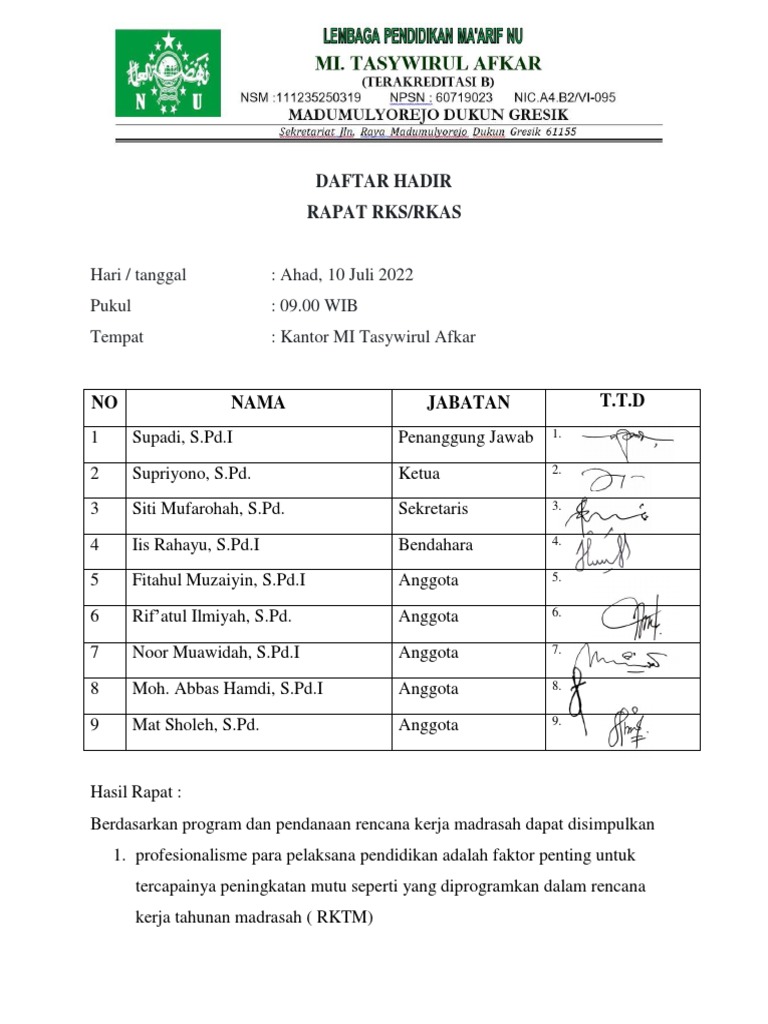 DAFTAR HADIR Rapat Rks 2022 | PDF
