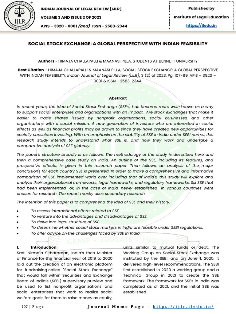 Social Stock Exchange: A Global Perspective With Indian Feasibility ...