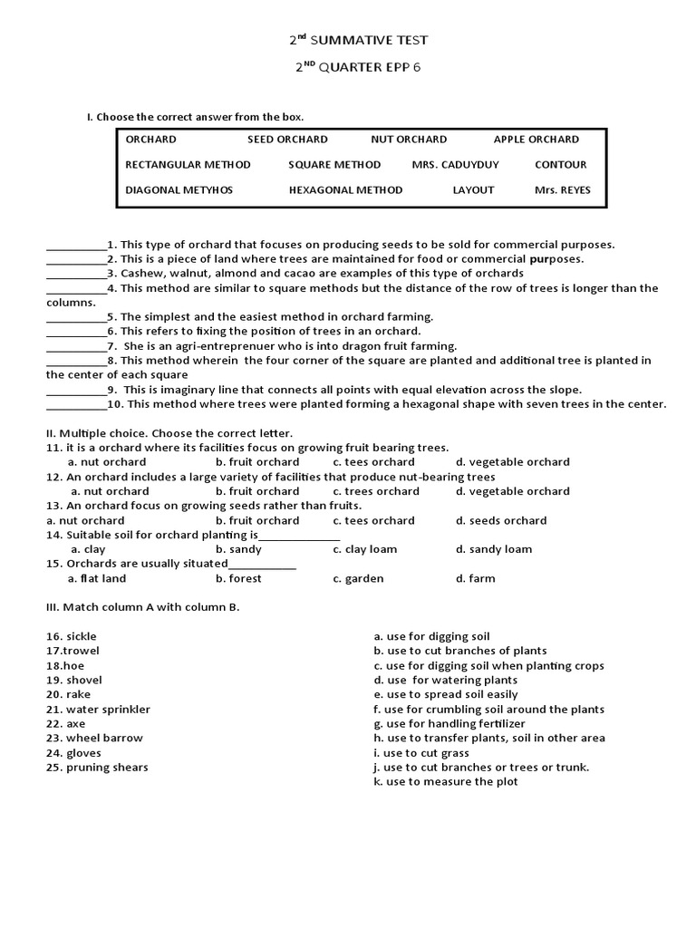 2nd SUMMATIVE TEST | PDF | Orchard | Trees