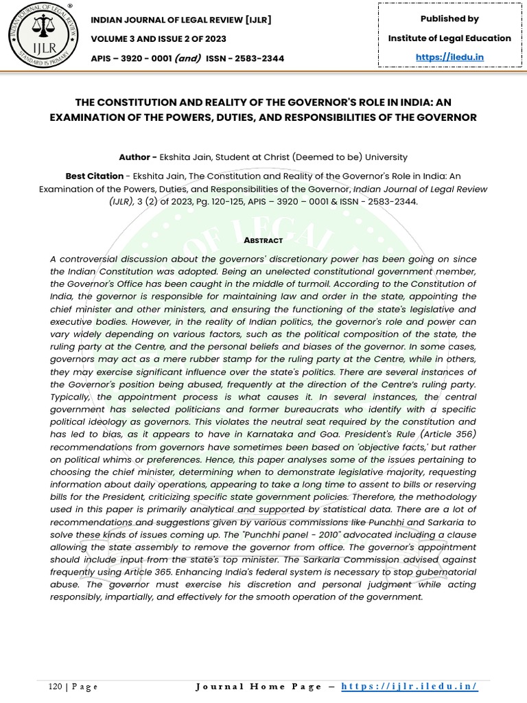 The Constitution and Reality of The Governor's Role in India: An ...