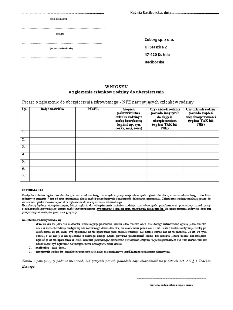 wniosek o ubezpieczenie członka rodziny | PDF