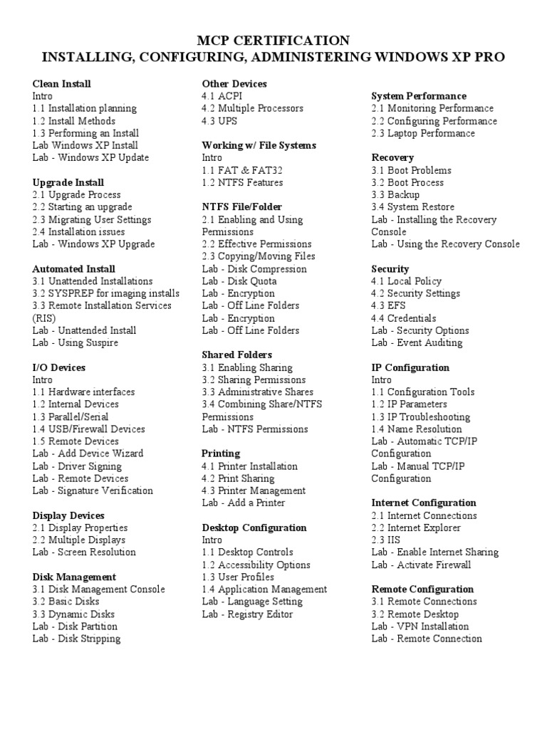 MCP Certification Outline | PDF | Installation (Computer Programs) | Microsoft Windows