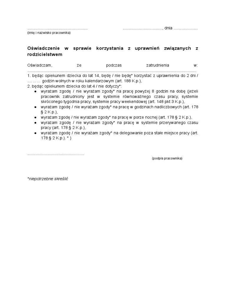 Oświadczenie W Sprawie Korzystania Z Uprawnień Związanych Z Rodzicielstwem | PDF