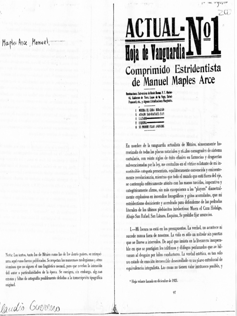 Manuel Maples Arce. Actual, N 1. Hoja de Vanguardia. Manifiesto ...