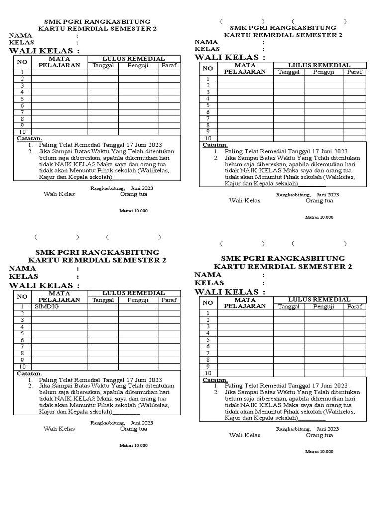 Kartu Remedial X Otkp 1 | PDF